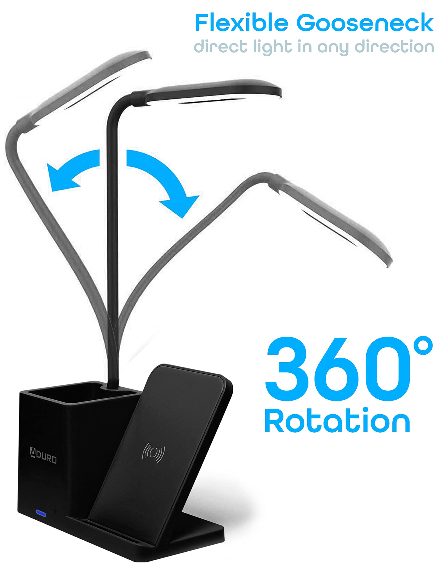Aduro U-Light LED Desk Lamp Organizer Desk Light with Pen Holder & QI Wireless Charger Stand Black