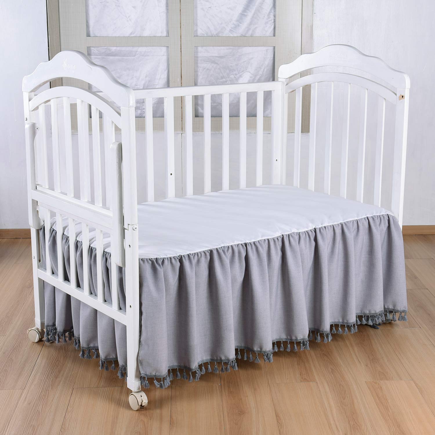 leegleri Crib Bed Skirt Pleated Ruffle with Tassel Nursery Crib Bedding Skirts for Baby Boys or Girls, 15" Drop/Grey