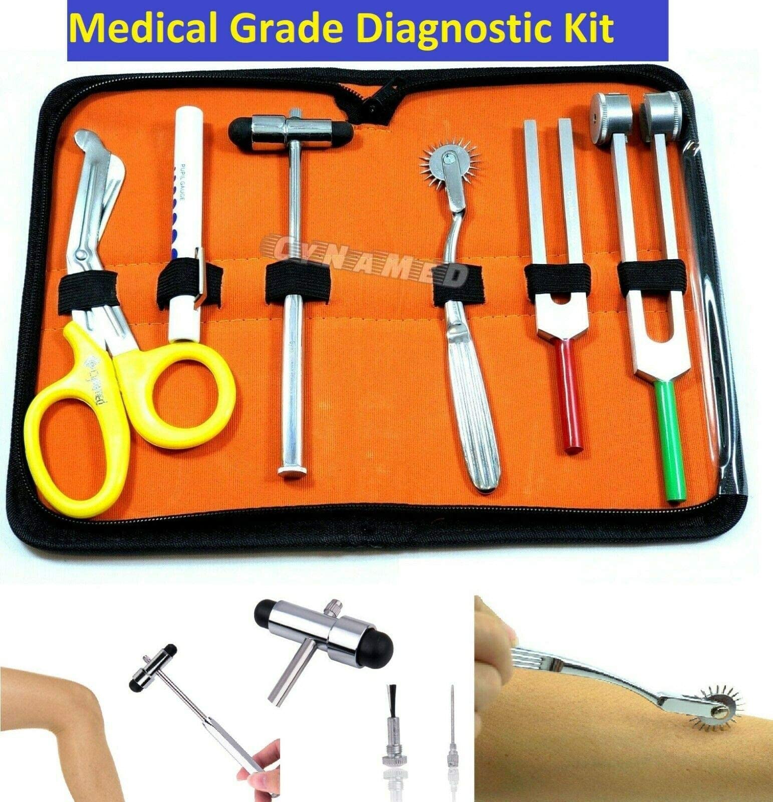 Student Diagnostic Kit- Reflex Hammer & Tuning Fork Set C 128 And C 512 + Wartenberg Pinwheel Premium Steel Bandage Scissor 7.5β (Set Of 6 Reflex Buck Hammer Yellow Scissor Penligh)