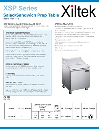 Xiltek 27" Commercial Sandwich Salad Prep Table Refrigerator Cooler With 8 Pans Included