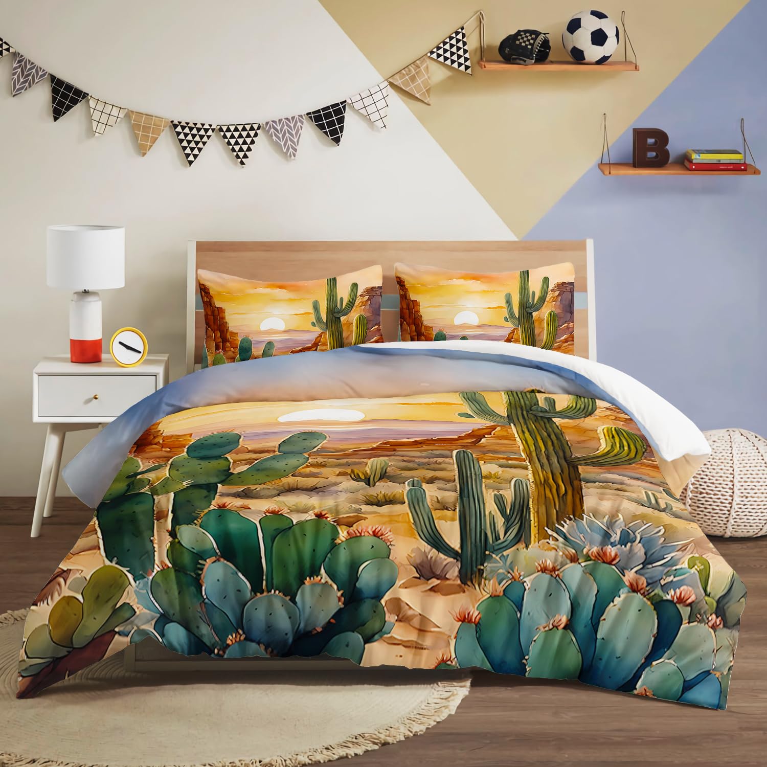 AILONEN Watercolor Cactus Duvet Cover Twin Size,Sunset Mountains Cactus Forest Bedding Set,Orange Succulent Flower Comforter Cover for Boys Teens Kids,1 Quilt Cover 2 Pillowcases,3 PCS