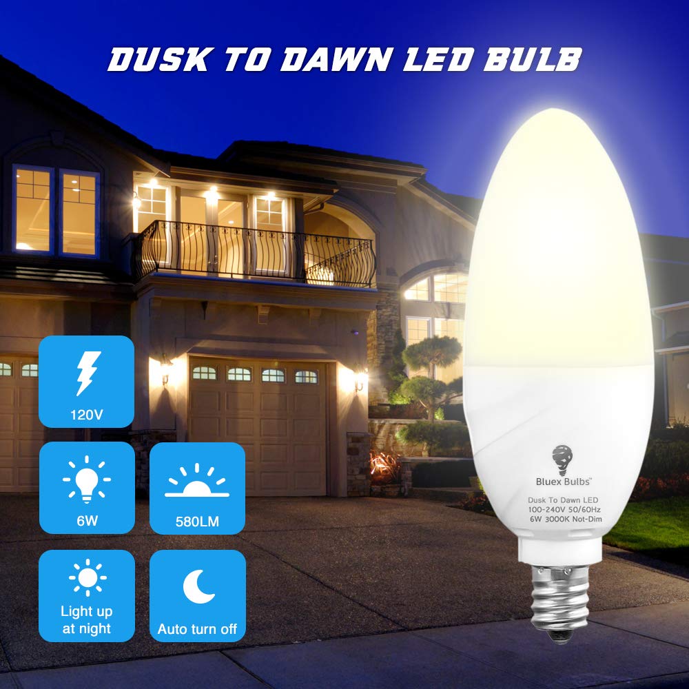 6 Pack Bluex Dusk to Dawn LED Bulbs, 6W E12 Base Light Bulb - 65W Equivalent β 3000K WarmLight White - Smart Light Sensor Candelabra Bulb, Home Security Indoor, Outdoor, Driveway, Yard, Porch Lighting