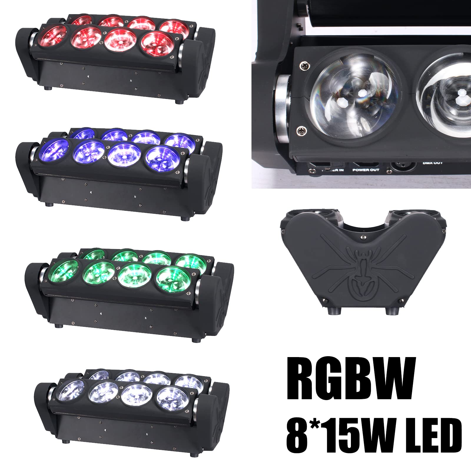 8x15W Spider Moving Head Light LED RGBW 4in1 Portable Stage Light, Strobe Party Beam DJ Lighting DMX 512 & Sound Activated for KTV Disco Party Event