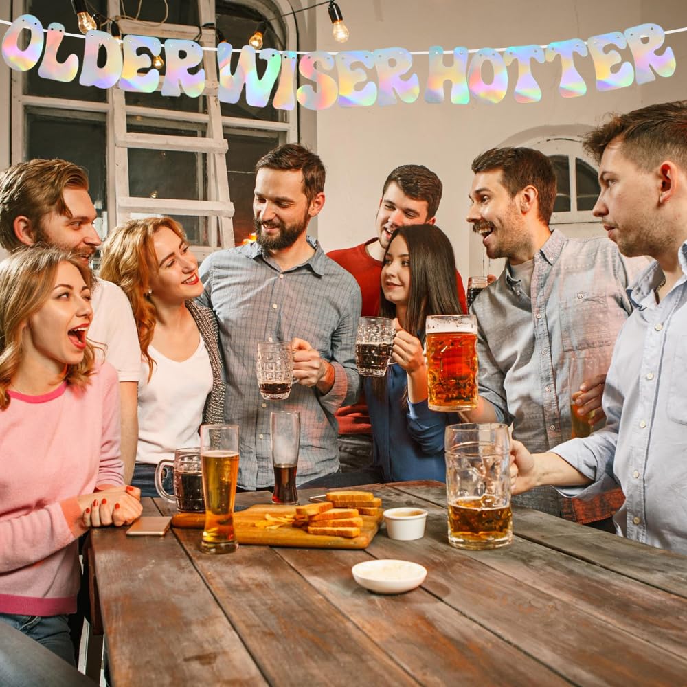 BEISHIDA Iridescent Glitter Older Wiser Hotter Banner -NO DIY - Pre-Strung Birthday Banner Decoration for 40th 50th 60th 70th 80th Women Funny Cute Birthday