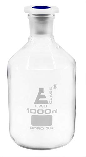 EISCO 1000mL (33.8oz) Glass Reagent Bottle with Acid Proof Polypropylene Stopper, Borosilicate 3.3 Glass Labs