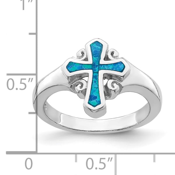 925 Sterling Silver Blue Created Opal Holy Cross Ring Christian Religious Band Size 8