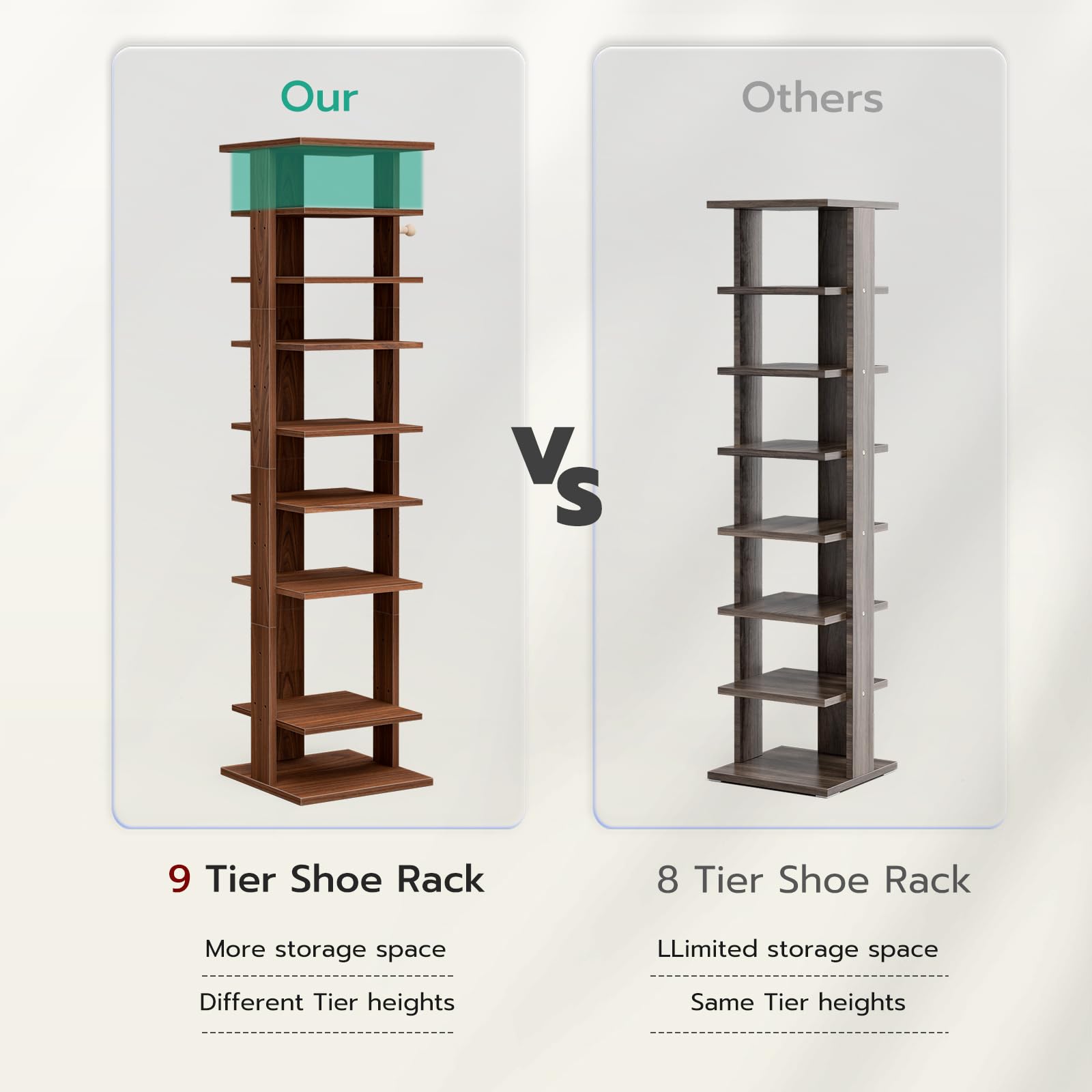 XBurmo Vertical Shoe Rack,9 Tier Shoe Storage Organizer with Hooks,Tall Shoe Tower,Slim Standing Shoe Shelf,Wooden Cubby Shoe Storage for Entryway/Small Spaces/Closet/Corner(walnut)