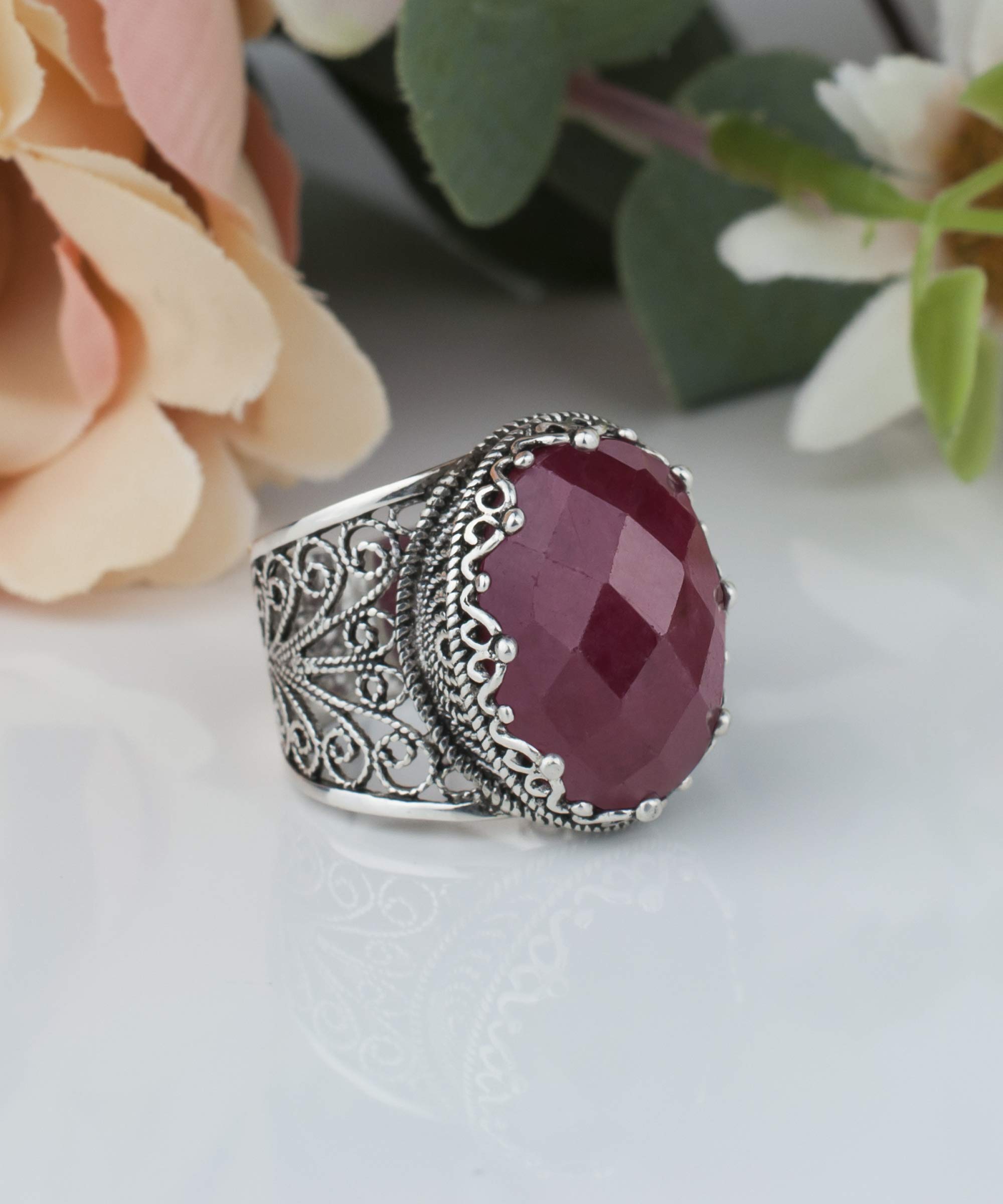 925 Sterling Silver Ruby Gemstone Oval Filigree Ring (Size 5-11) (8)