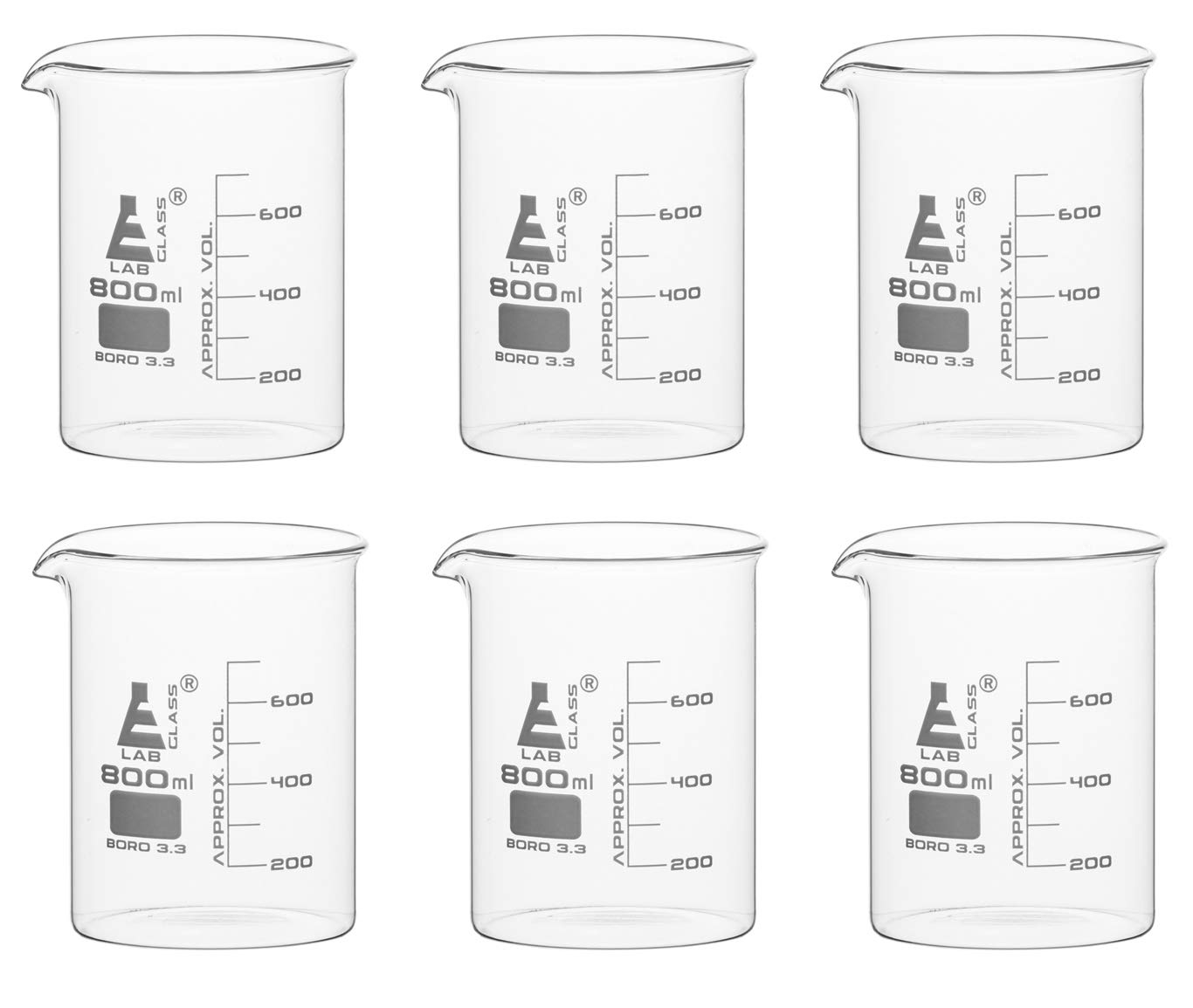 EISCO 6PK Beakers, 800ml - Griffin Style, Low Form with Spout - White, 100ml Graduations - Borosilicate 3.3 Glass