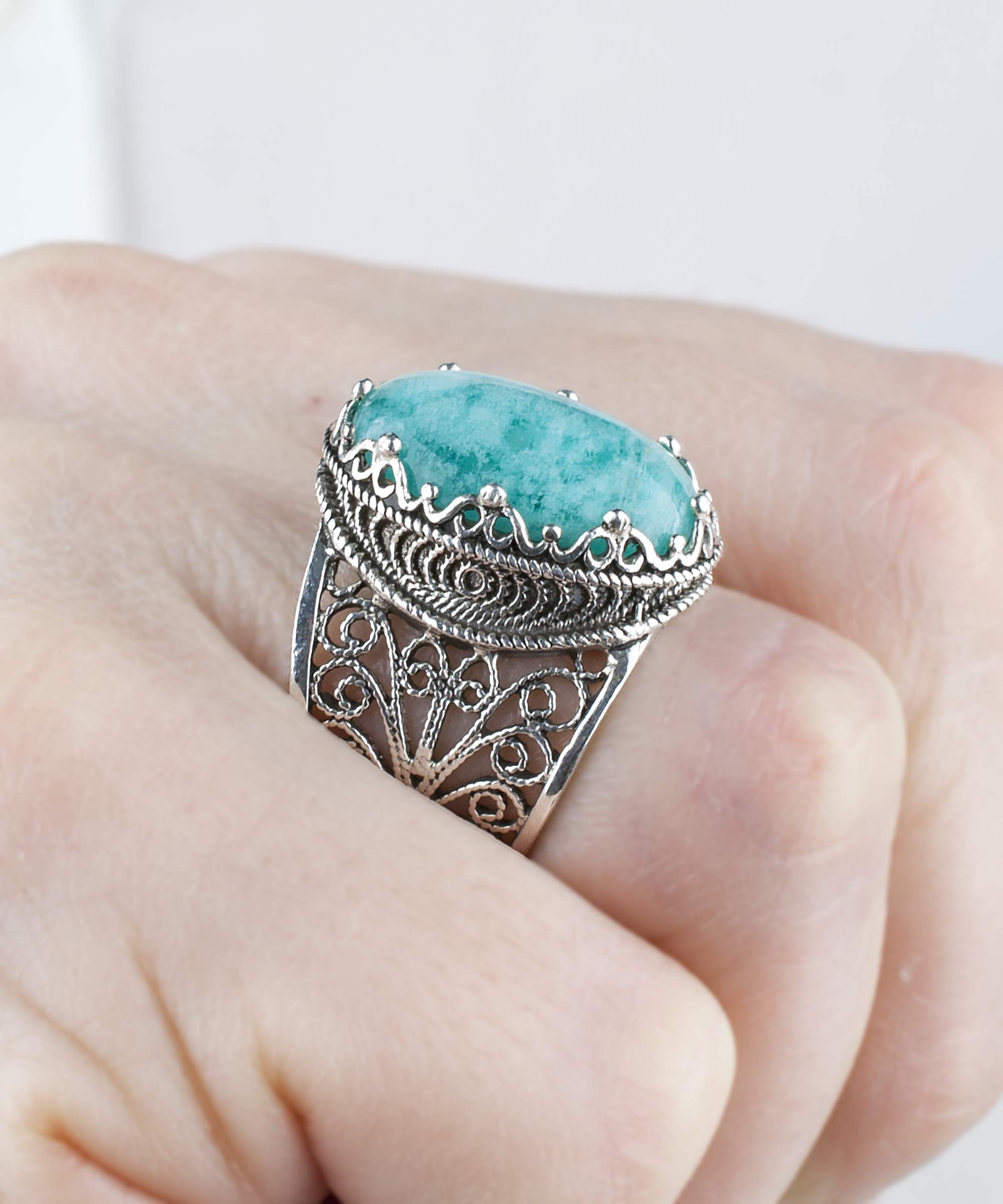 925 Sterling Silver Blue Amazonite Oval Crown Filigree Ring (Size 5-12) (7)