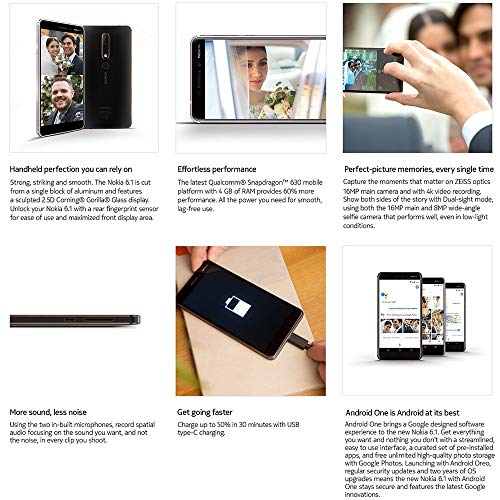 Nokia 6.1 TA-1045 32GB Unlocked GSM 4G LTE Android Phone w/ 16MP Camera - White/Iron (Renewed)