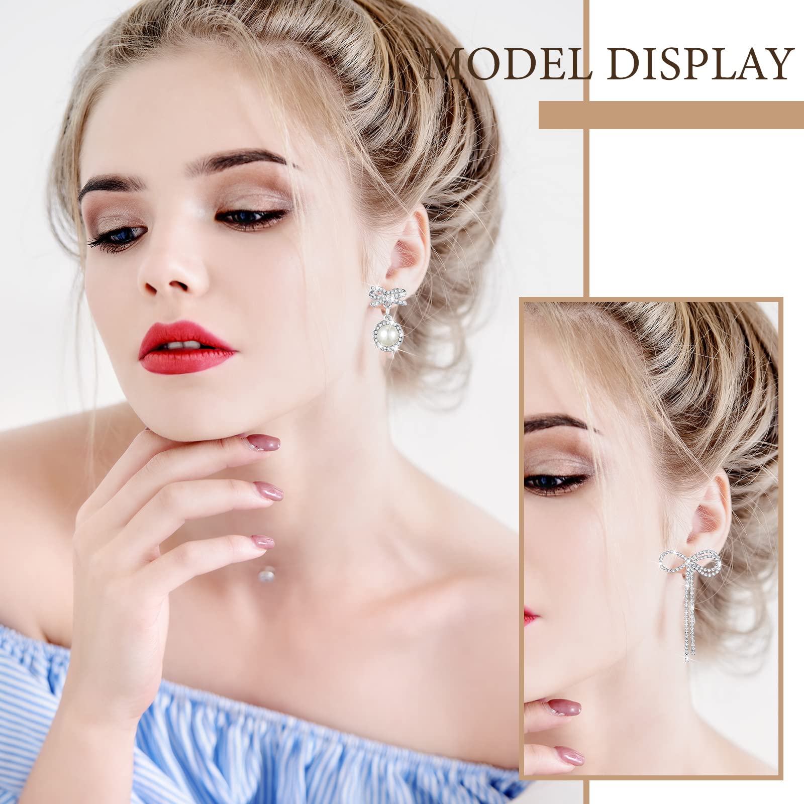 9 Pairs Silver Bow Earrings Rhinestone Bow Drop Earrings for Women Silver Crystal Drop Earrings Pearl Bow Dangle Earrings for Wedding Anniversary Party