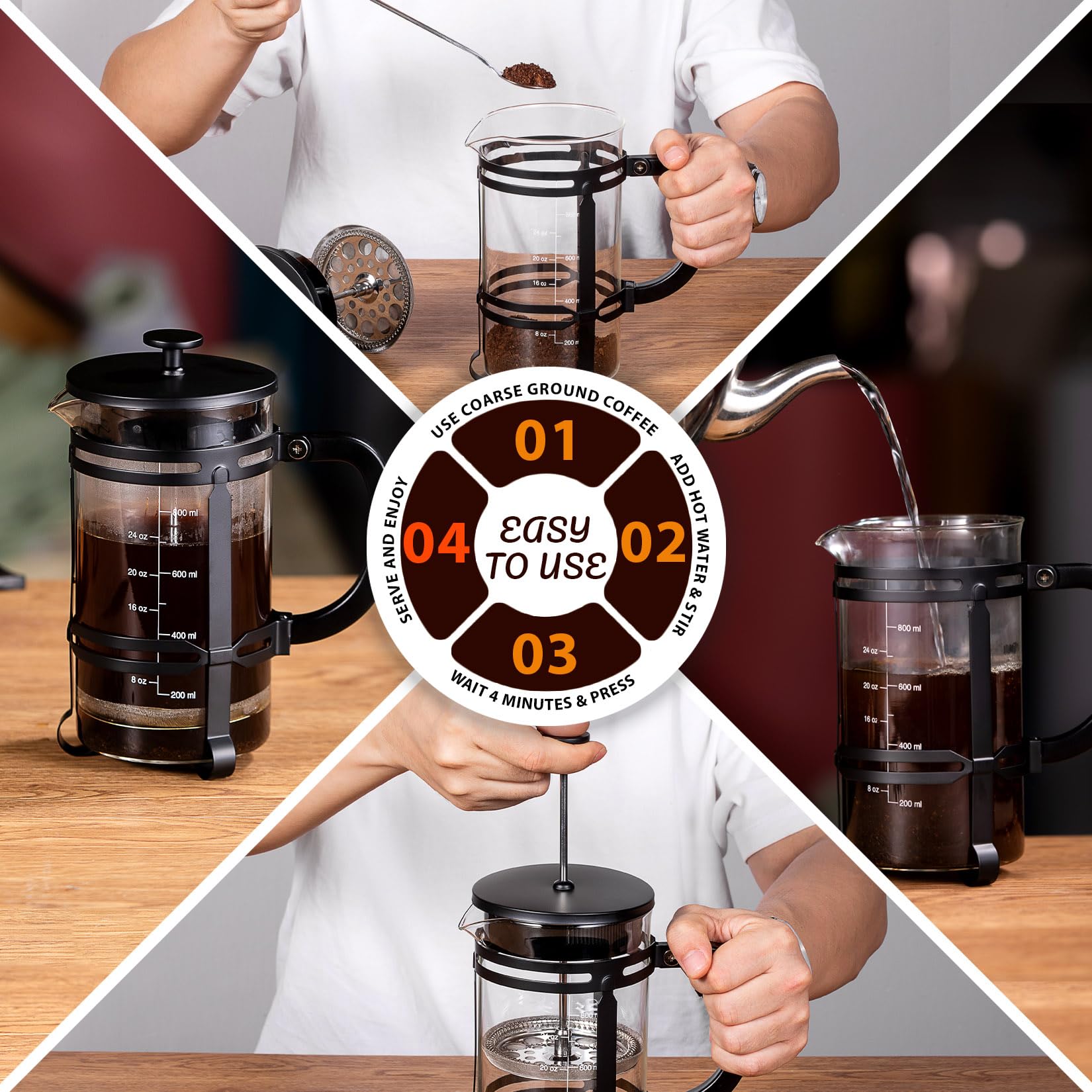 French Press Coffee Tea Maker(21oz),304 Stainless Steel Coffee Press with 4 Filters Screen-100% No Residue -German Heat-Resistant Borosilicate Glass- BPA FREE -Dishwasherable,Black
