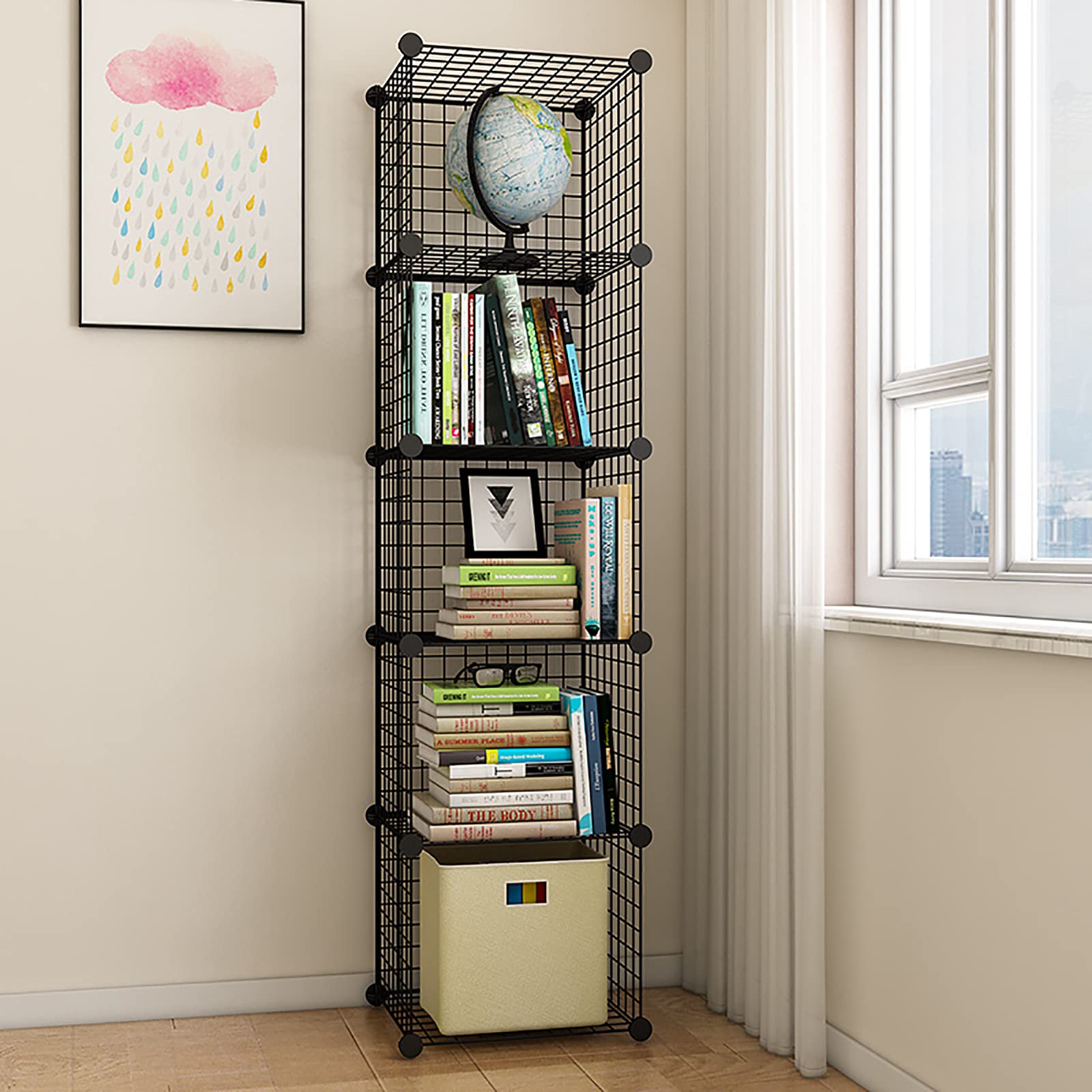 Cedilis Cube Storage Organizer, 6-Cube Wire Storage Shelves, Metal Grids Book Shelf Bookcase, Cube Closet Organizer, Modular Shelving Units for Living Room, Bedroom, Home, Office, Black