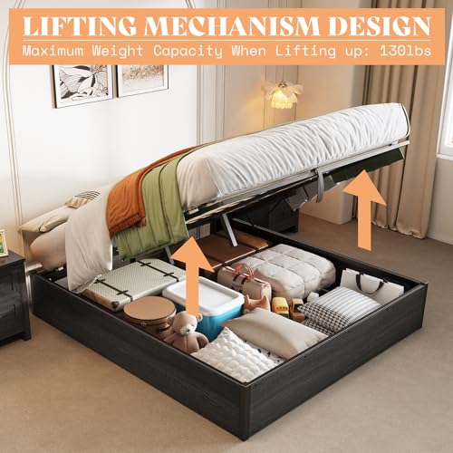AMERLIFE Lift Up Storage Bed, Queen Bed Frame with Storage Underneath, Wooden Platform Bed Frame, Solid Wood Slats Support, No Fixed Headboard, No Box Spring Needed, Dark Oak