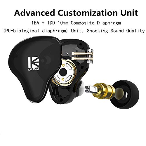 YINYOO KBEAR KS2 Earphones Stereo Bass in Ear Headphone, HiFi Over Ear Earbud in Ear for Drummers Noise Cancelling 1BA 1DD Hybrid IEM with Removable Cable for Running Walking (with mic, KS2 Black)