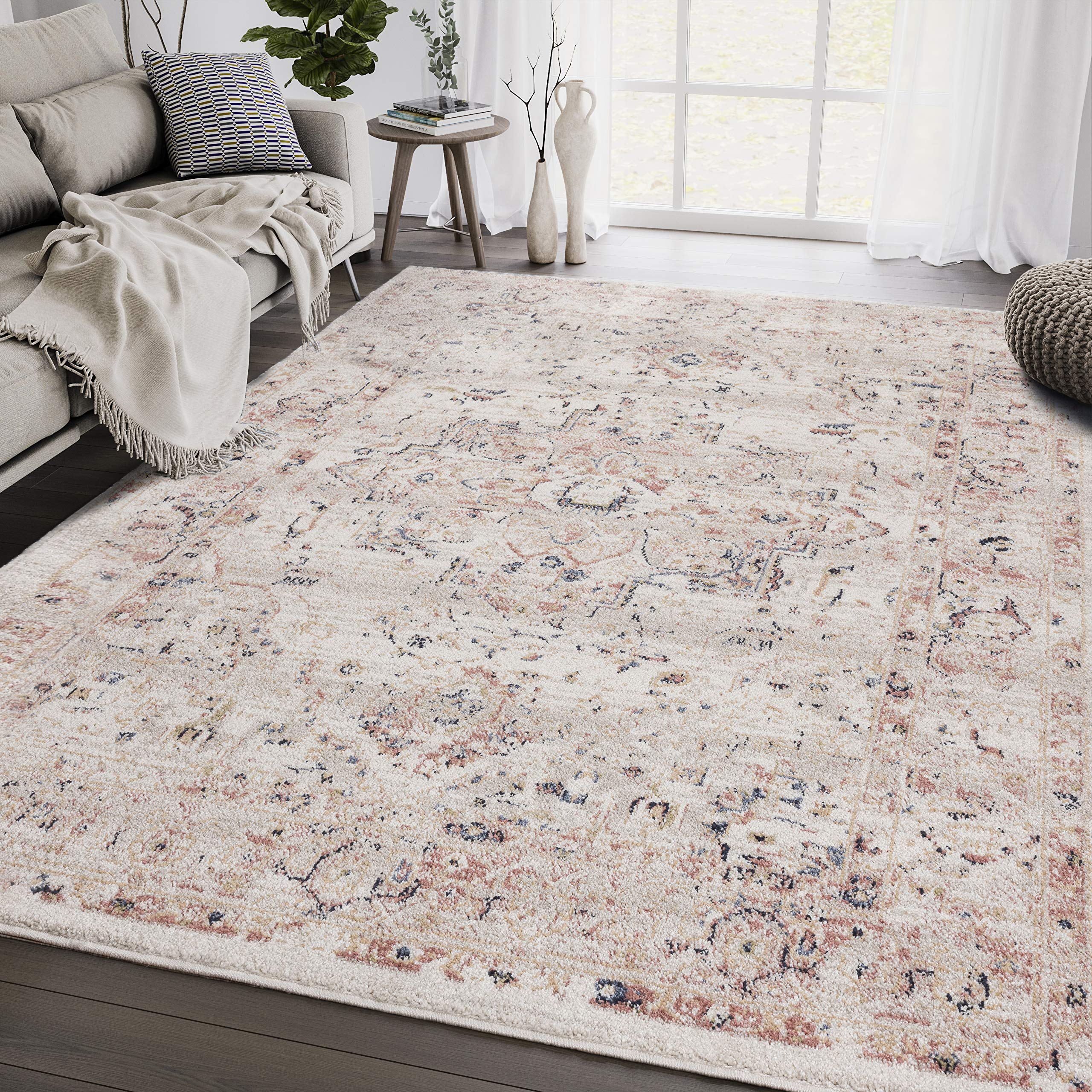 Abani Traditional Cream & Beige Vintage 5'3" X 7'6" Area Rug, Babylon Collection - Oriental Medallion Distressed Rug, Rugs