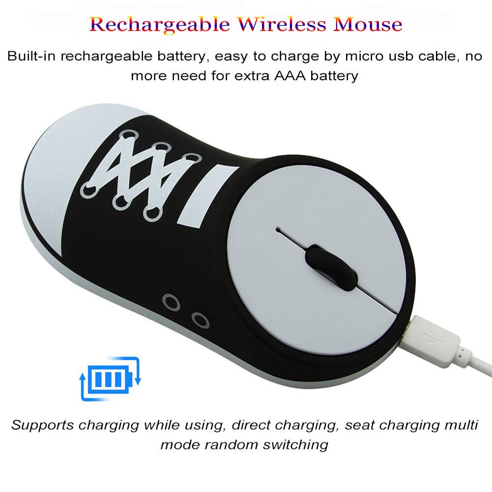 CHUYI Cool Canvas Shoes Shape Ergonomic Design Rechargeable Wireless Mouse Slim Optical Mice with USB Receiver (Stored at Bottom of The Mouse) for PC, Laptop, Computer (Black)
