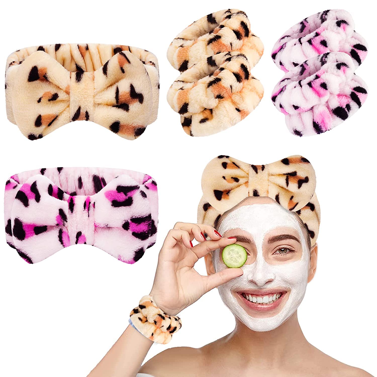 6 Pack Spa Headband Bow Hair Band and 2 Pairs Wrist Towels for Washing Face Set