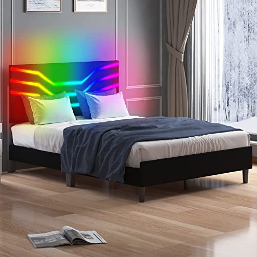 BALUS Smart LED Platform Bed Frame with Headboard, Twin Size Upholstered Gaming Bed Frame with 16 Colors RGB Light and Remote Control, Wood Slat Support