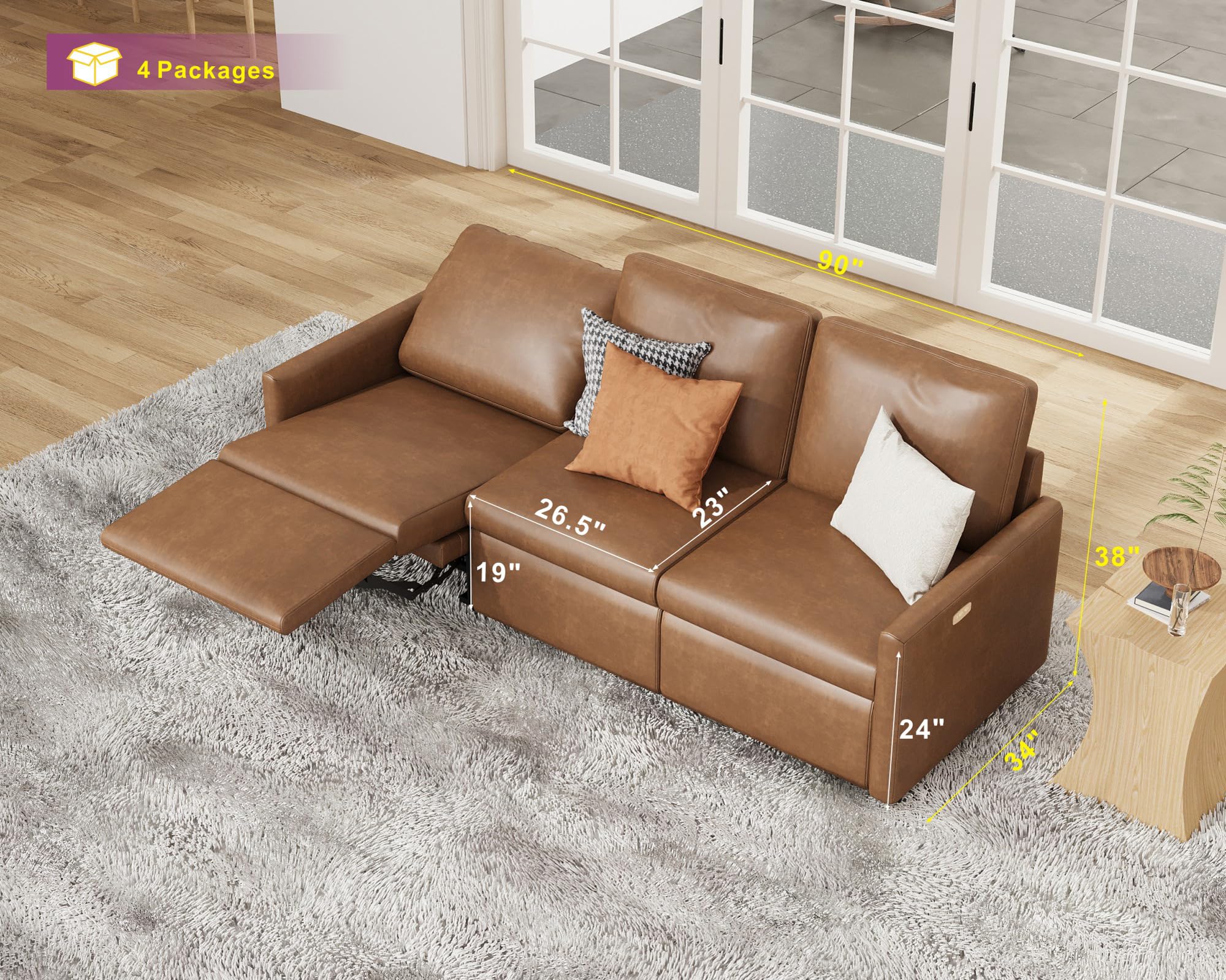 AMERLIFE Power Recliner, Reclining Sectional Sofa with Single Right Recliner, 3 Seater Recliner Couch with USB Port, Leather Modular Sofa for Living Room