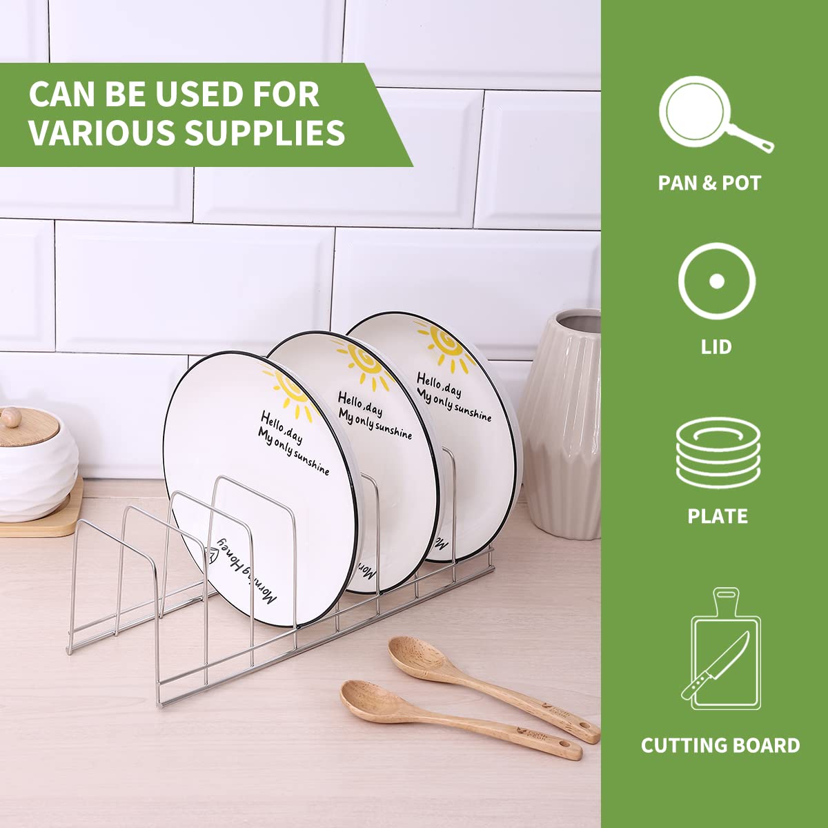 4Pcs Plate Organizer for Cabinet,Pot Lid Organizer Pot Lid Rack Holder Rest Storage for Cutting Boards,Bakeware,Cooling Racks,Pots & Pans,Serving Trays and Reusable Containers(Stainless Steel)