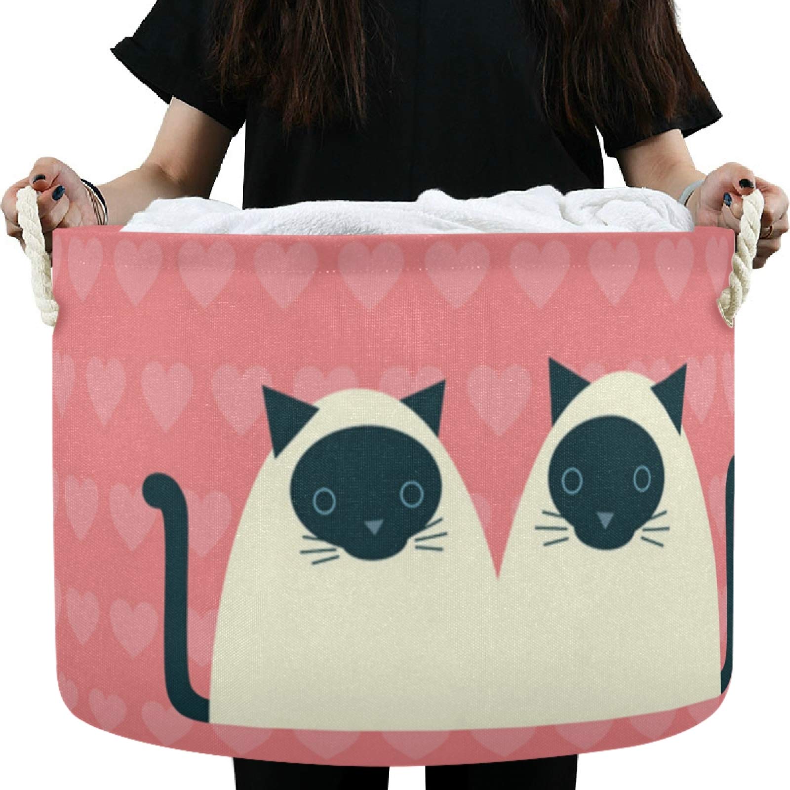 visesunny Cat Pink Heart Cartoon Collapsible Large Capacity Basket Storage Bin with Durable Cotton Handles, Home Organizer Solution for Office, Bedroom, Closet, Toys, Laundry