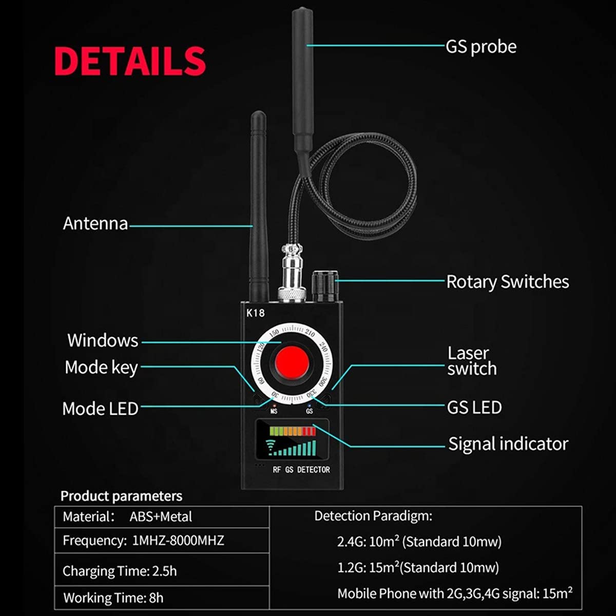 Hidden Camera Detectors, Bug Detector, Anti Spy Detector, GPS Detector, RF Signal Scanner Device Detector for Wireless Audio Bug Camera Detector Finder
