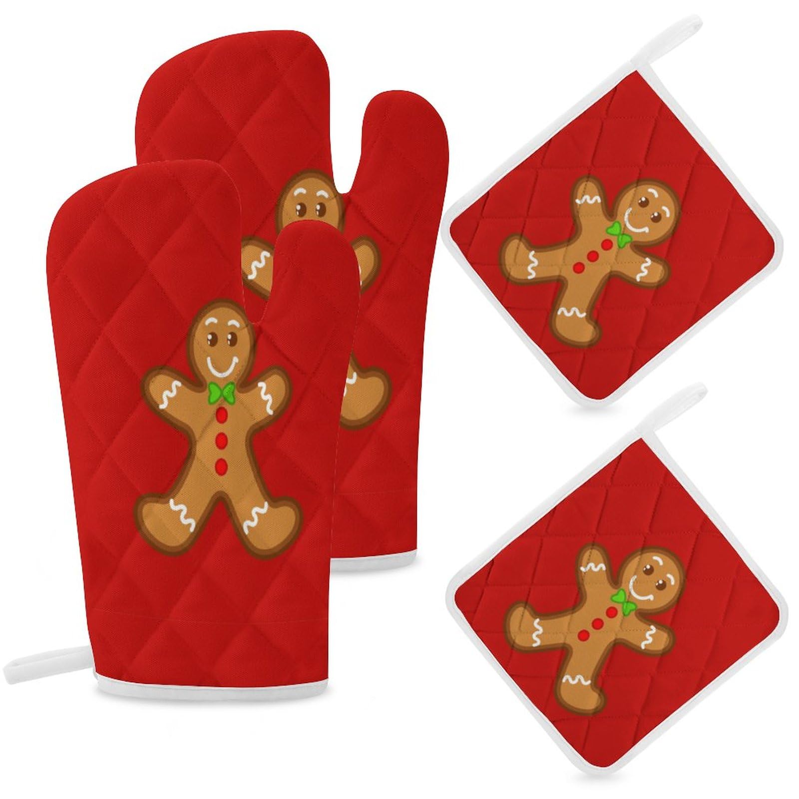 4PCS Oven Mitts and Pot Holders Sets, Sweet Xmas Gingerbread Red Oven Mitts Set Heat Resistant Kitchen Microwave Gloves Safe for Baking,Cooking, BBQ
