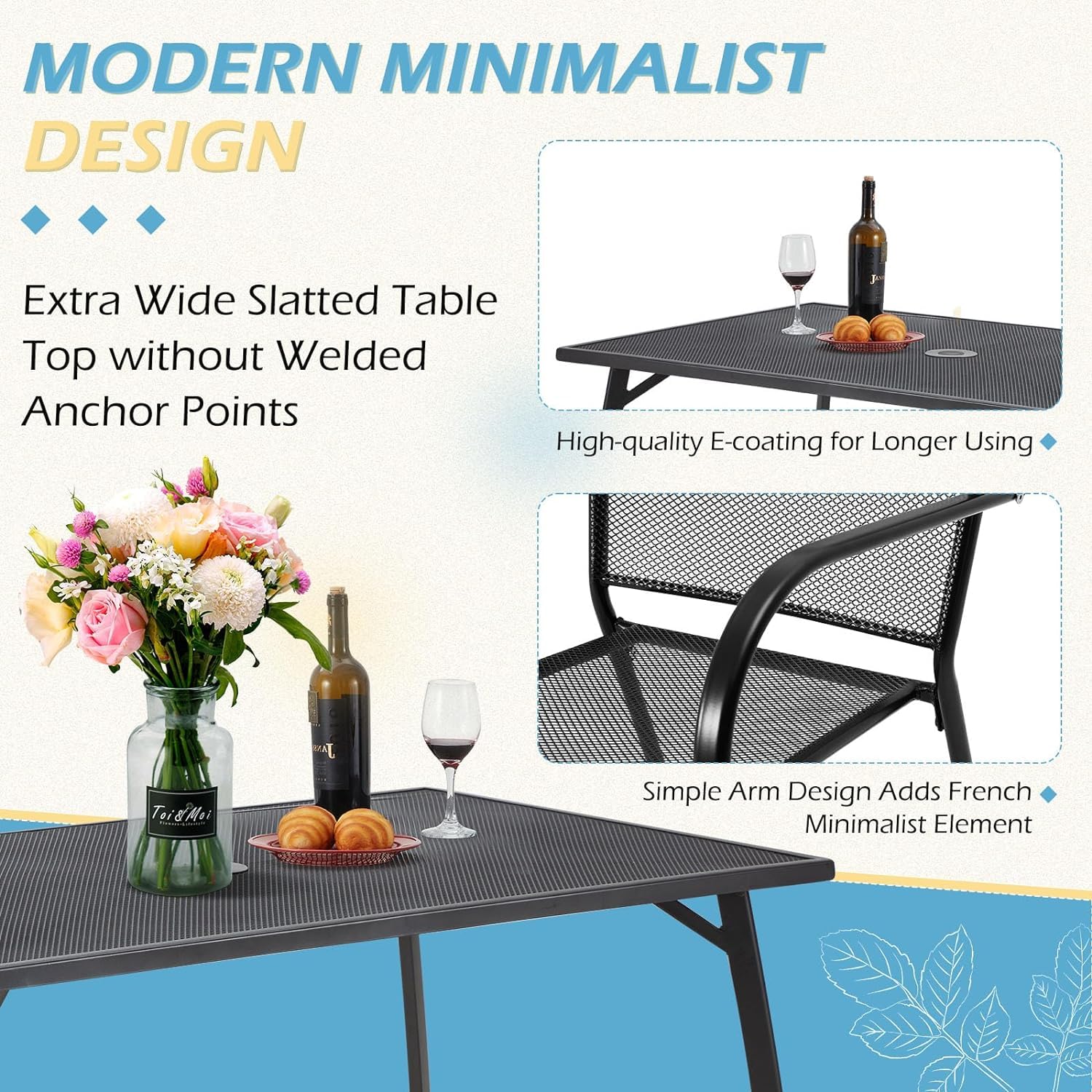 AECOJOY Metal Outdoor Table and Chairs Patio Dining Table Set for 4 Outside 51" Dining Table with Umbrella Hole Rectangle Table and 4 Stackable Chairs, Patio Furniture Set for Garden Backyard Balcony