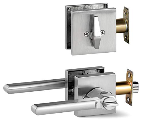 Berlin Modisch Entry Lever Door Handle and Single Cylinder Deadbolt Lock and Key Slim Square Locking Lever Handle Set [Front Door or Office] Right & Left Sided Doors Heavy Duty – Satin Nickel Finish