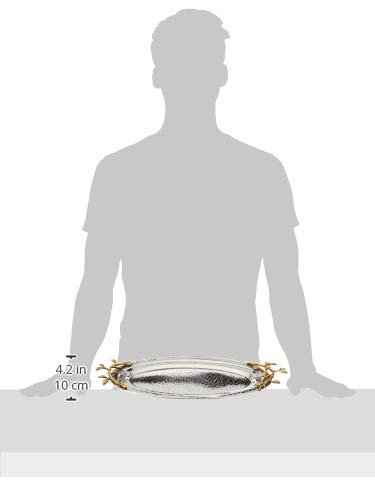 Elegance Golden Vine Hammered Stainless Steel Oval Tray, 16.5 by 10-Inch, Silver/Gold
