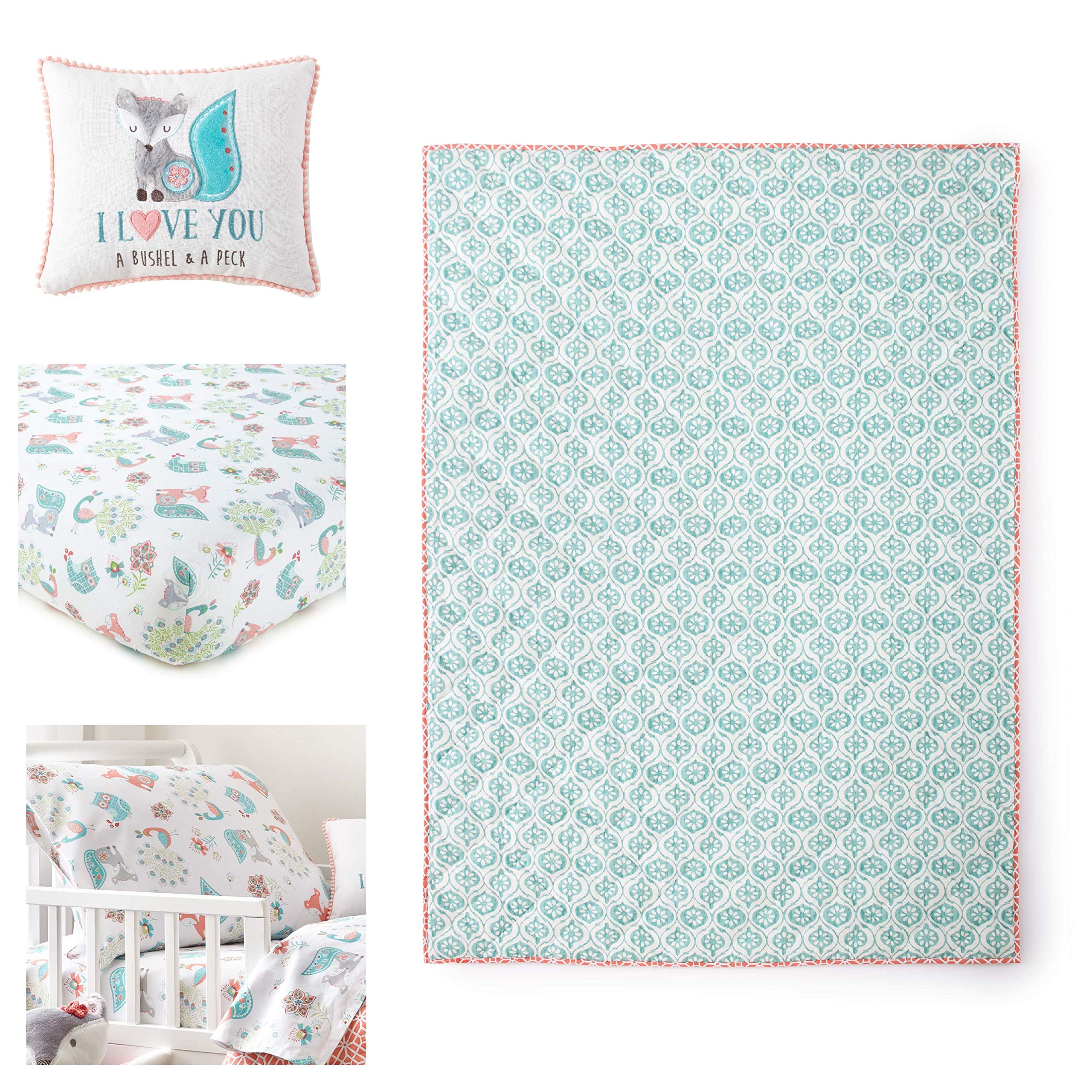 Levtex Baby - Fiona Toddler Bed Set - Pink, Aqua, White - Woodland Forest Theme - 5 Piece Set Includes Reversible Quilt, Fitted Sheet, Flat Sheet, Pillow Case, Decorative Pilow