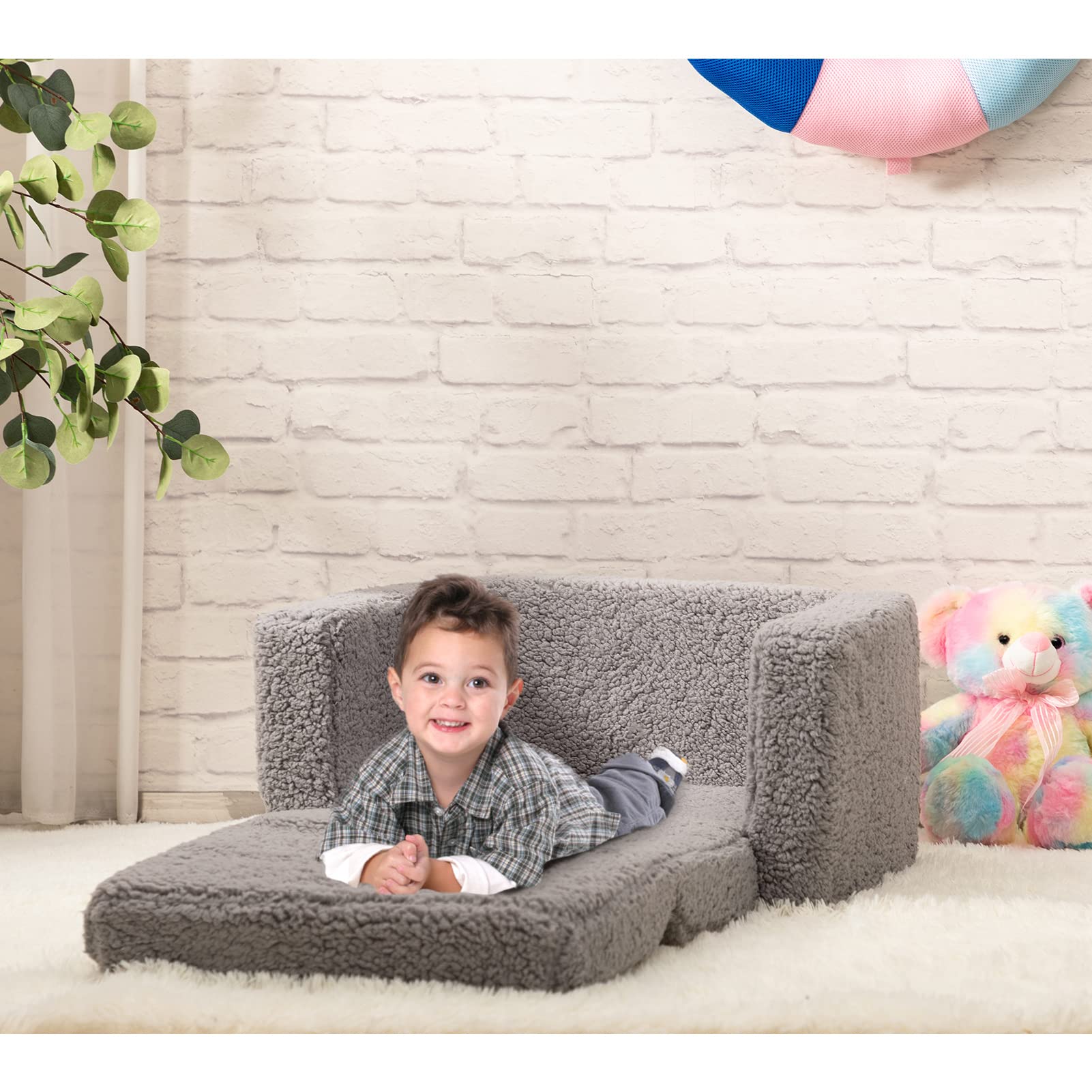 ALIMORDEN 2-in-1 Flip Out Cuddly Sherpa Toddler Couch, Convertible Sofa to Lounger, Grey