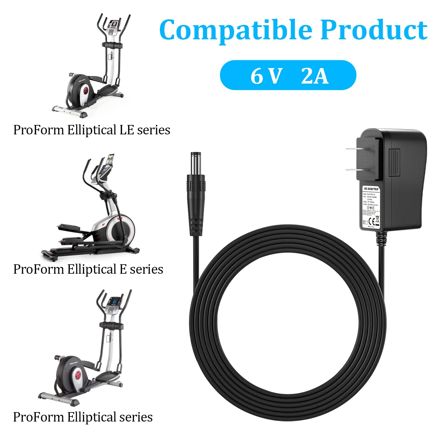9.8ft Extra Long Power Supply Adapter for ProForm Elliptical,Power Cord for Smart Strider 480 490 500 600 LE, 390 395 475 510 E, 510 EX, 400 700 for Exercise Bike,6V 2A Replacement Charger Adapter