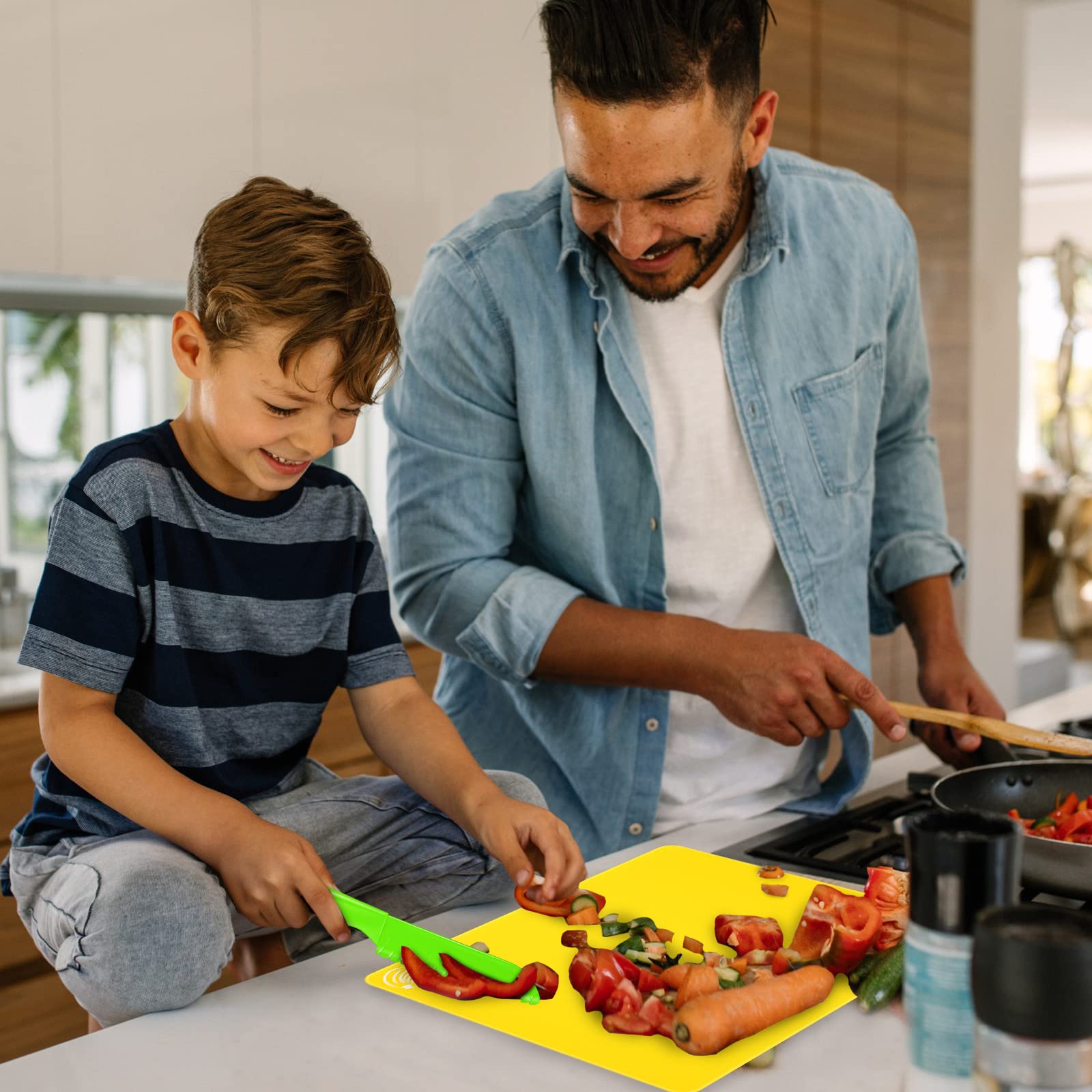 8 Pcs Kids Cutting Board and Knife Set 4 Pcs Colored Flexible Plastic Cutting Board Mats with Food Icons Slip Proof Chopping Board 4 Pcs Kid Plastic Kitchen Knife Set for Kids Safe Cooking Utensils
