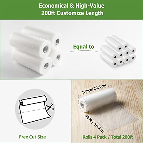 Gasbye Vacuum Sealer Bags, [200ft Mega-Pack] 4 Rolls each 8"x50' Food Saver Vacuum Sealer Bags Rolls for Custom Fit Airtight Freshness & Sous Vide, BPA Free, 7-Layer Ultra-Thick Anti-Puncture Design
