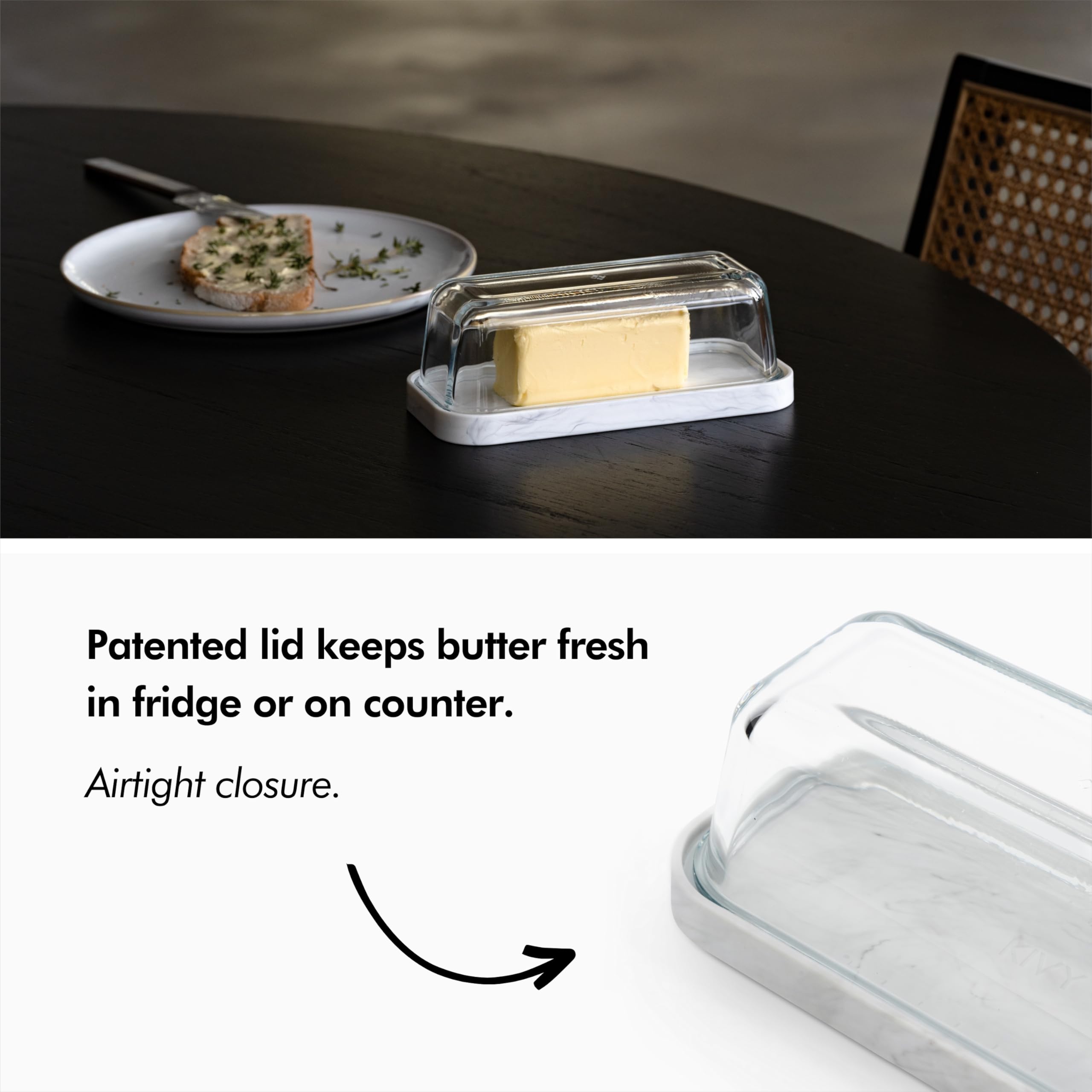 KIVY Glass butter dish with airtight lid that keeps butter soft - For countertop and refrigerator door shelf - Clear glass butter dish with cover - White Marble Butter holder with plastic plate