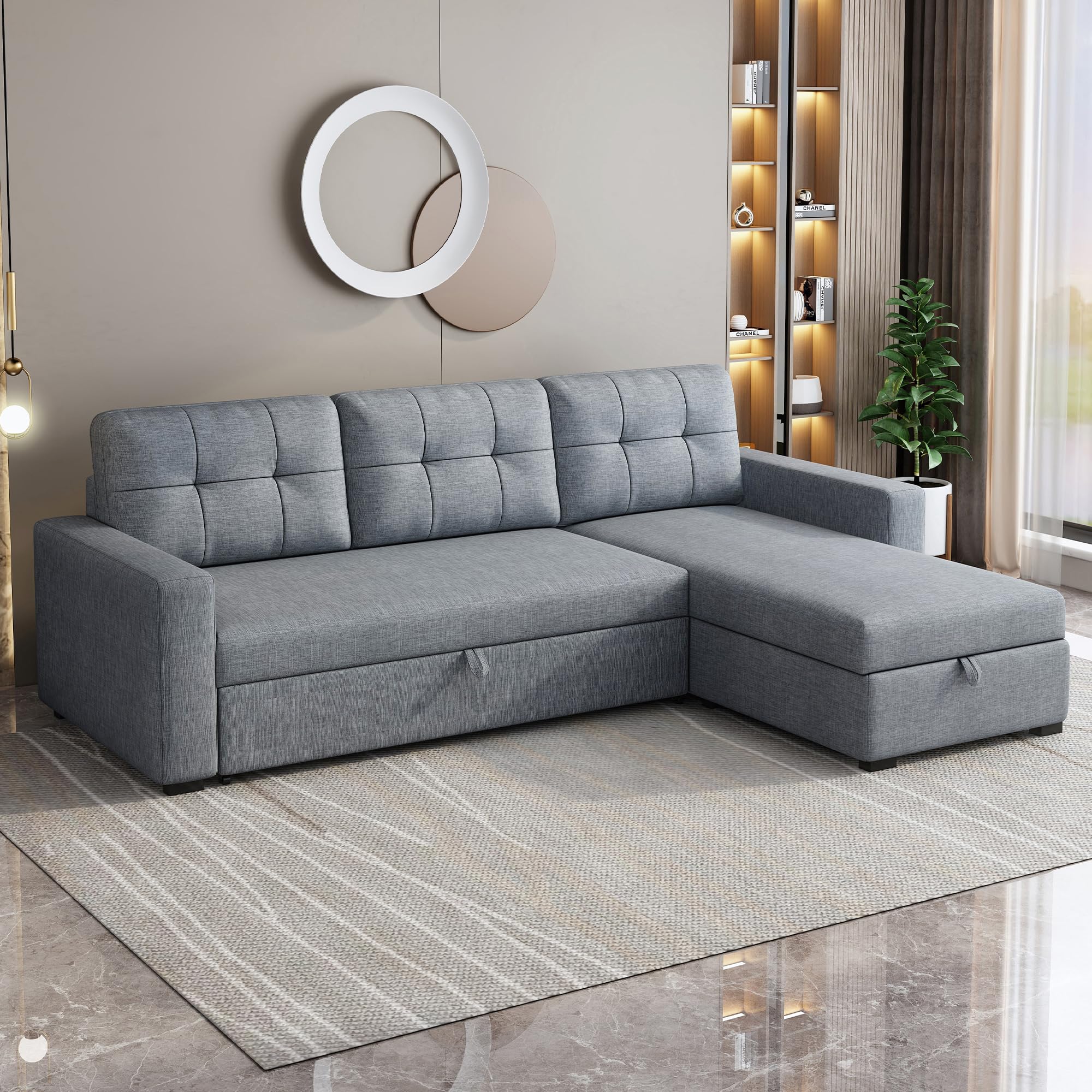 ACQCA 81.5" Sectional Sleeper Sofa with Storage Chaise, L Shaped Pull Out Couch Bed with 3 Removable Back Cushion for Living Room, Apartment,Office,Light Grey
