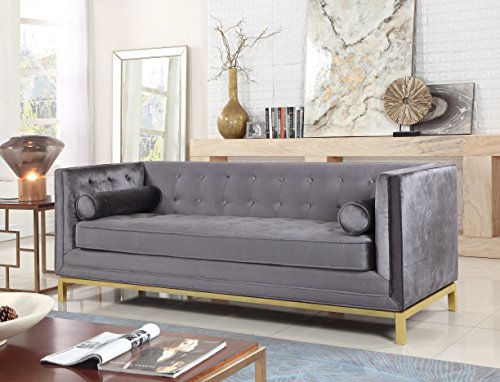 Iconic Home Dafna Club Sofa Sleek Elegant Tufted Velvet Plush Cushion Brass Finished Stainless Steel Brushed Metal Frame Couch, Modern Contemporary, Grey