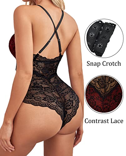 Avidlove Lingerie Bodysuit for Women Floral Lace Teddy One Piece Babydoll Mini Babydoll (Red,L)