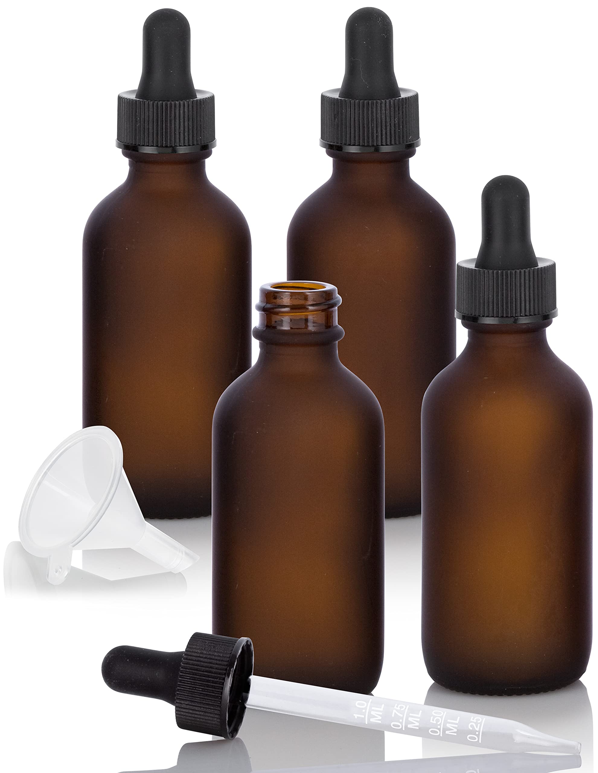 JUVITUS 2 oz Frosted Amber Glass Boston Round Graduated Measurement Glass Dropper Bottle (4 pack) + Funnel