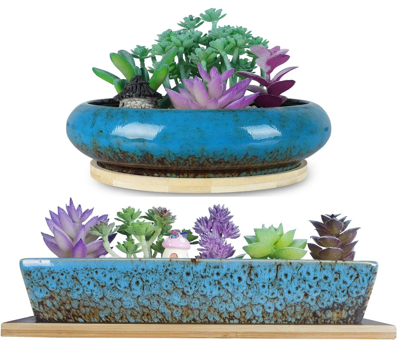 ARTKETTY Succulent Pots - Large Succulent Planters Pots with Drainage Tray, 1 Rectangle Flower Pot + 1 Round Bonsai Pot