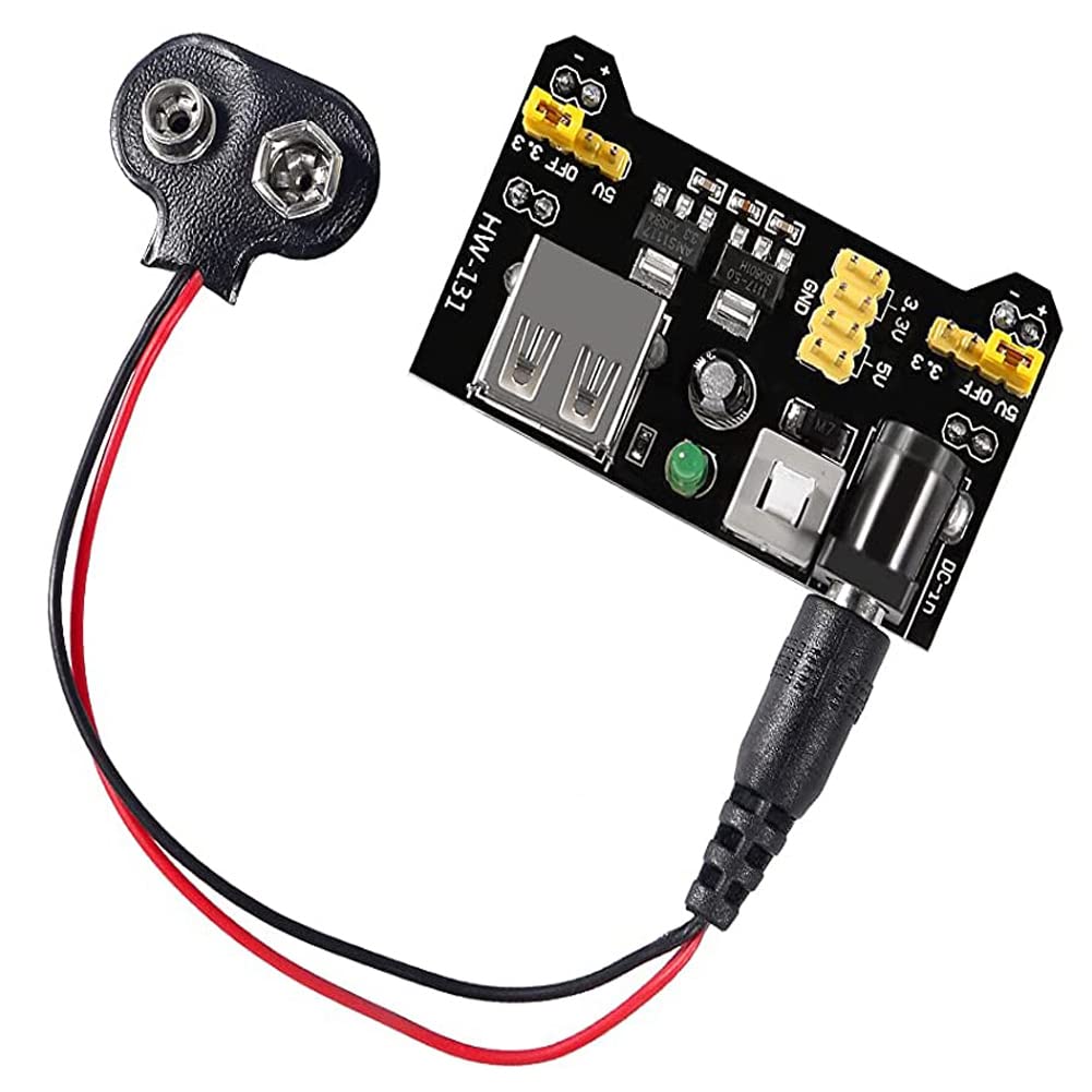 AIMPGSTL 2PCS 3.3V 5V MB102 Breadboard Power Supply Module, with 9V Battery Clip Power Cable 2.1x 5.5mm Male DC Jack Plug DC 6.5-12V USB for Arduino.