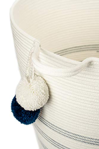 Sweetzer & Orange Extra Large Woven Cotton Rope Storage Basket with Pom-Poms β 16.5βx20.5β - Blanket Storage Baskets, Laundry and Toy Storage, Nursery Hamper - Off White/Navy XXL for Living Room