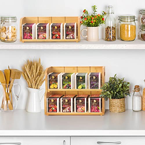 Bamboo Tea Bag Organizer, 3-Tier Tea Bag Holder Storage Organizer, Stackable Tea Packet Rack/Shelf, Tea Station Stand with Acrylic Partition for Counter, Cabinet and Pantry