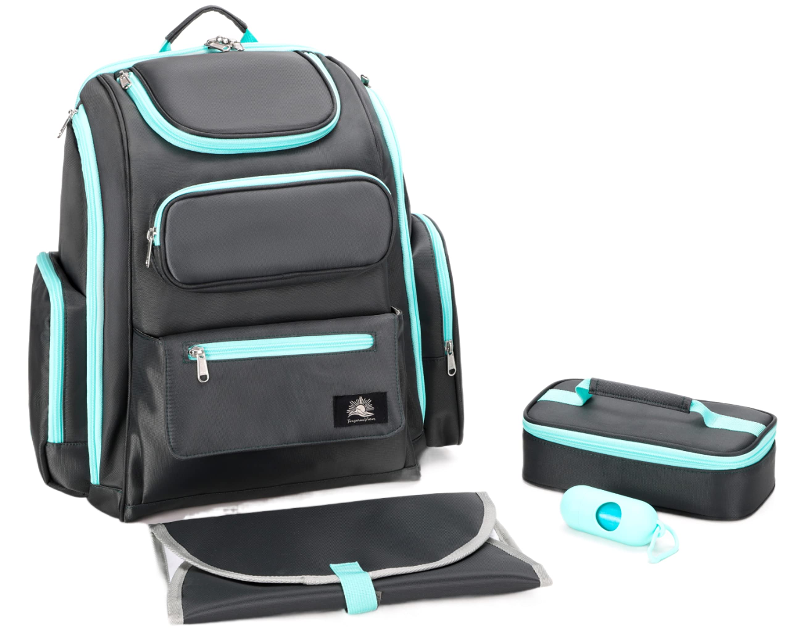 Tangerine Views Diaper Bag Backpack - 4pcs: Spacious Gender Neutral Colors w/Changing Pad, Stroller Straps, Food Snack Pack, and Waste Bag Dispenser w/Bags, Dark Gray With Teal, Large