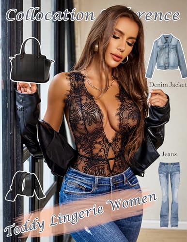 Avidlove Women One Piece Lingerie Lace Bodysuit Deep V Teddy Mini Babydoll (Small, 1-Black)