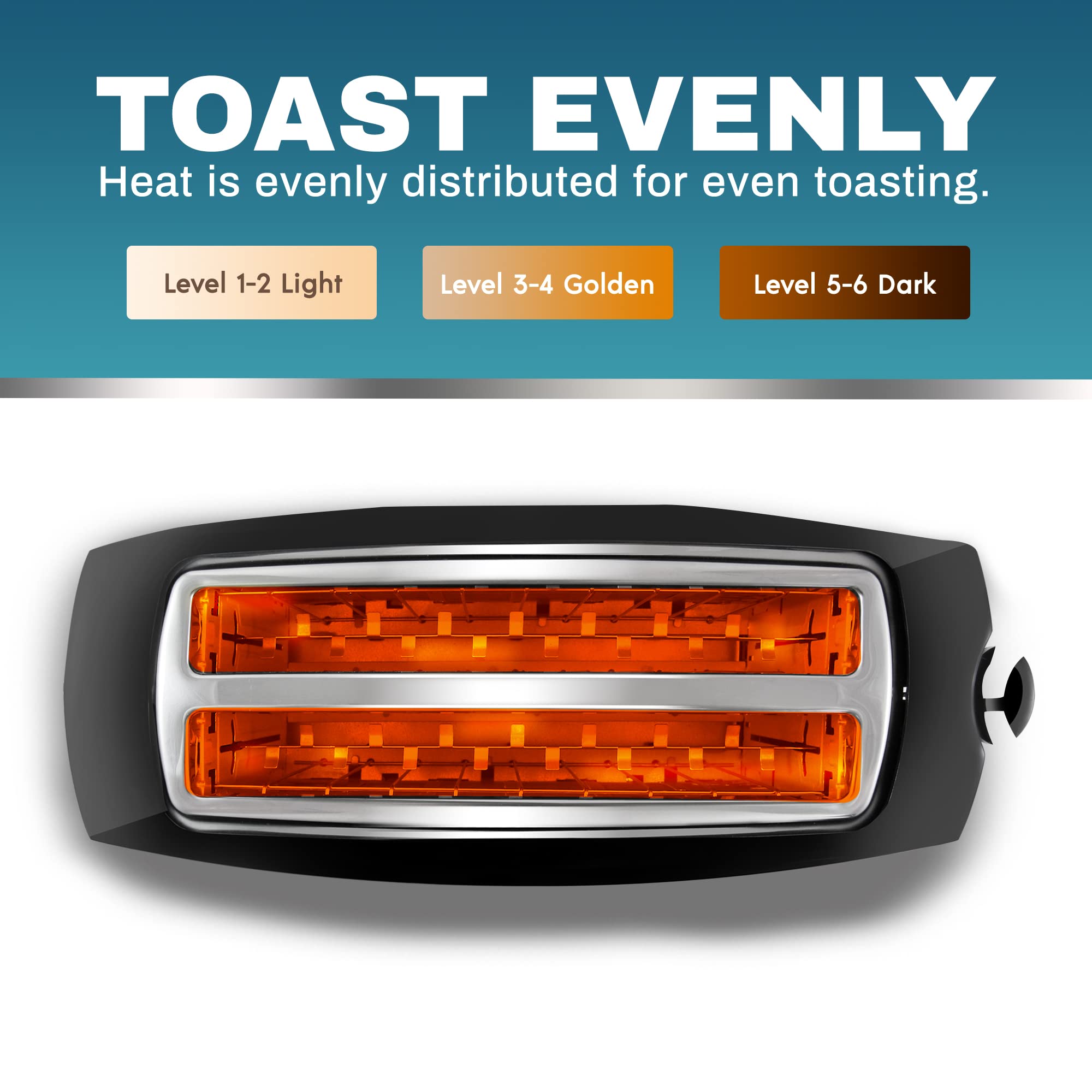 Elite Gourmet ECT4829B# Long Slot 4 Slice Toaster, Reheat 6 Toast Settings, Defrost, Cancel Functions, Built-in Warming Rack, Extra Wide Slots for Bagels Waffles, Black
