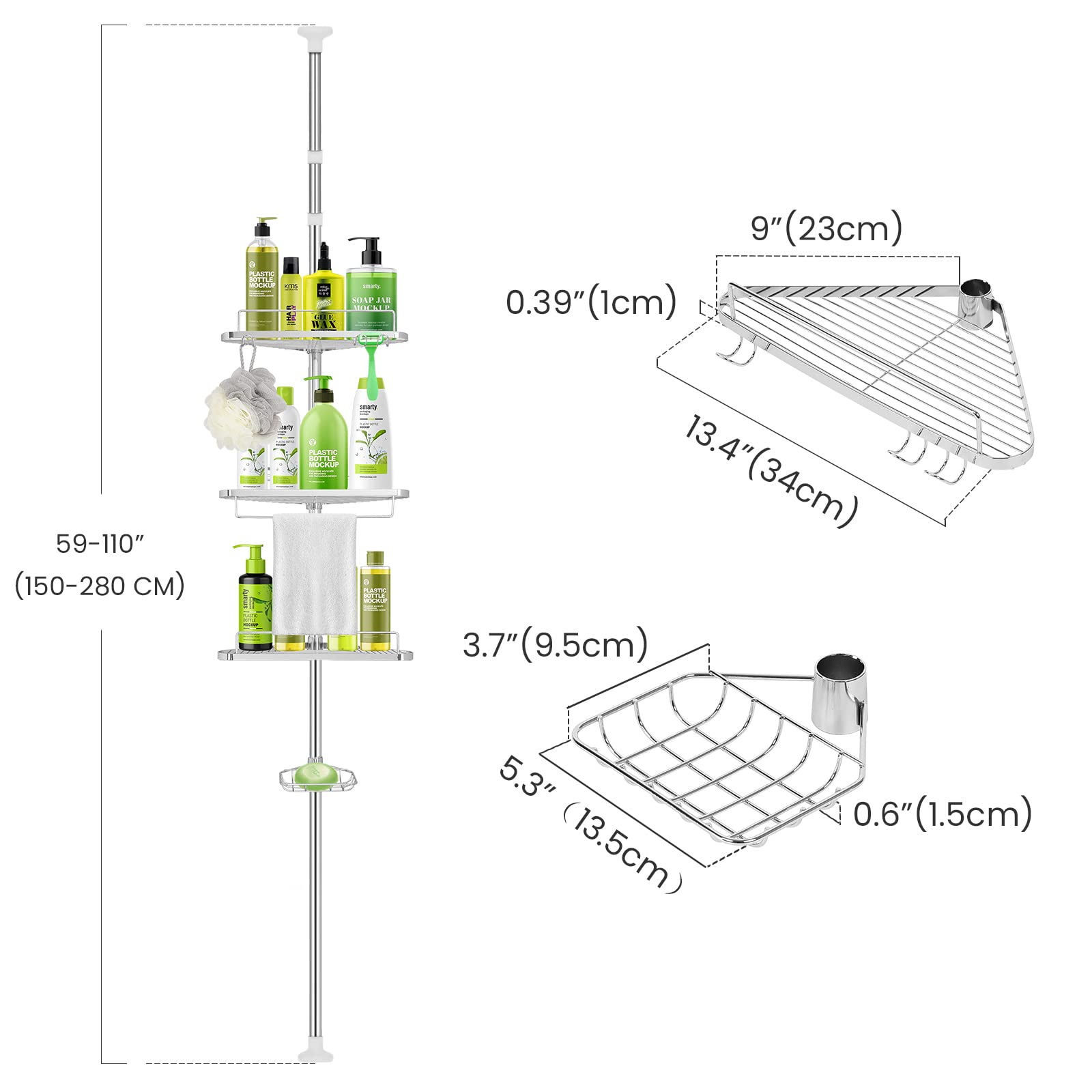 Shower Caddy Tension Pole 4-Tier Adjustable Rustproof Stainless Steel Corner Shower Caddy Tension Pole Drill-Free Standing Shower Tension Rod Organizer for Bathtub Shampoo Storage, 59 To 110 Inch